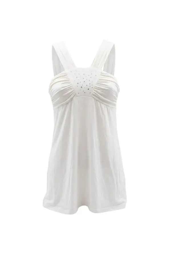 CONQUISTA Elegant Sleeveless Top With Ruched Front & Subtle Embellishts - White