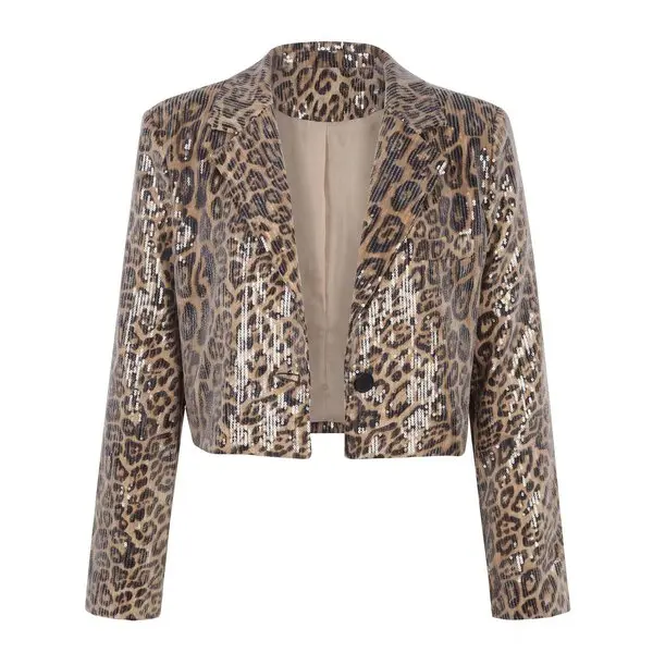 MODENAIRE Cropped Leopard Sequin Blazer - Brown