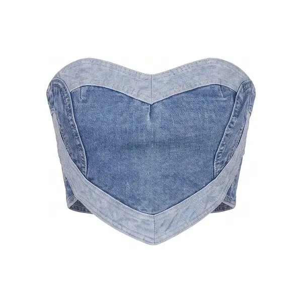 MODENAIRE Strapless Denim Corset Top With Heart Panel And Contrast Trim - Blue