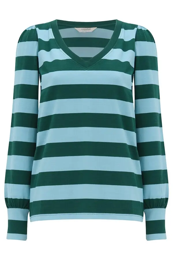SUGARHILL BRIGHTON Palmella V Neck Jersey Top Green Stripe
