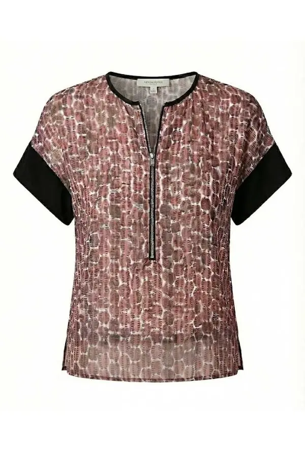 CONQUISTA Elegant Printed Zip-front Blouse With Contrast Sleeves - Black