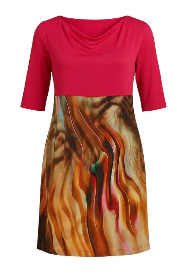 CONQUISTA Elegant Cowl-neck Dress With Vibrant Fuchsia Top & Artistic Abstract Skirt - Red