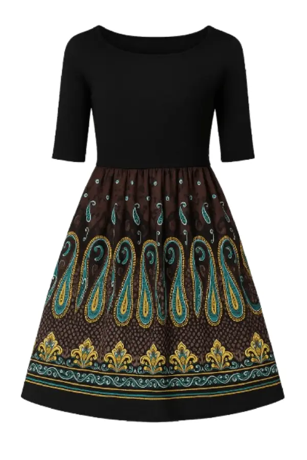 CONQUISTA Elegant Midi Dress With Paisley Print Skirt - Black