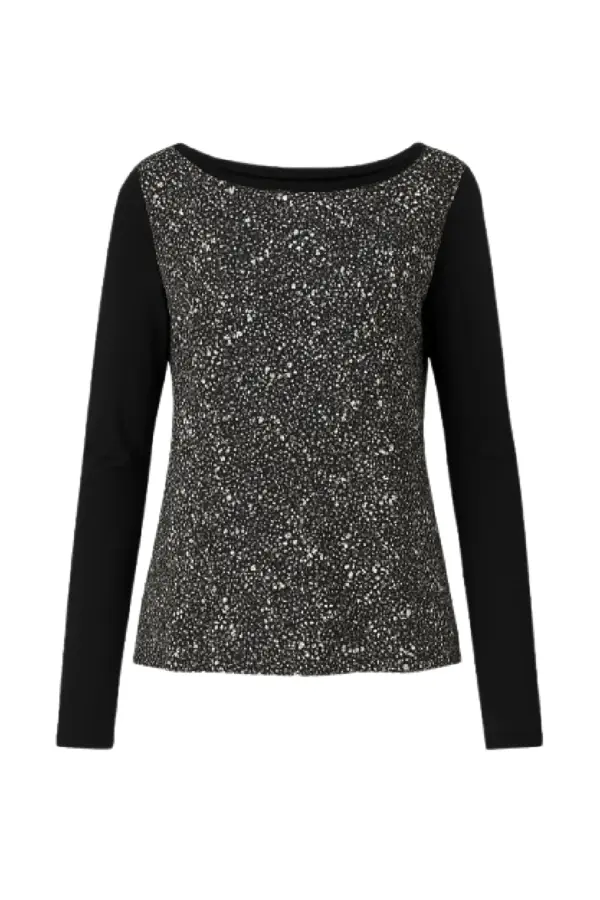 CONQUISTA Elegant Two-tone Long-sleeve Top With Textured Front Panel - Black
