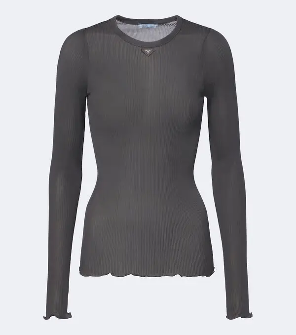 Prada Ribbed-knit Silk Top - Grey