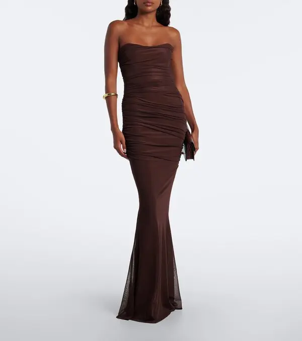 Retrofete Isadore Draped Strapless Mesh Dress