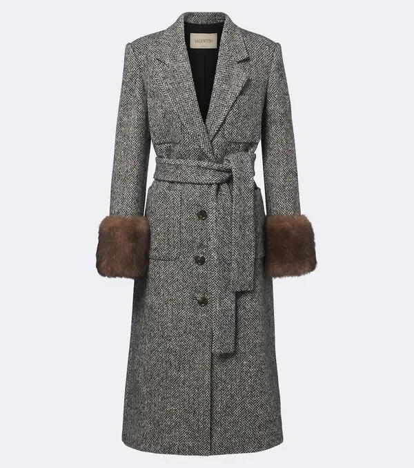 Valentino Garavani Herringbone Shearling-trimmed Wool-blend Coat - Grey