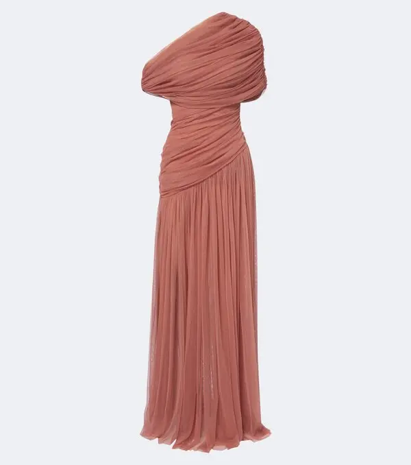 DE LA VALI Himalia Asymmetric Draped Tulle Maxi Dress