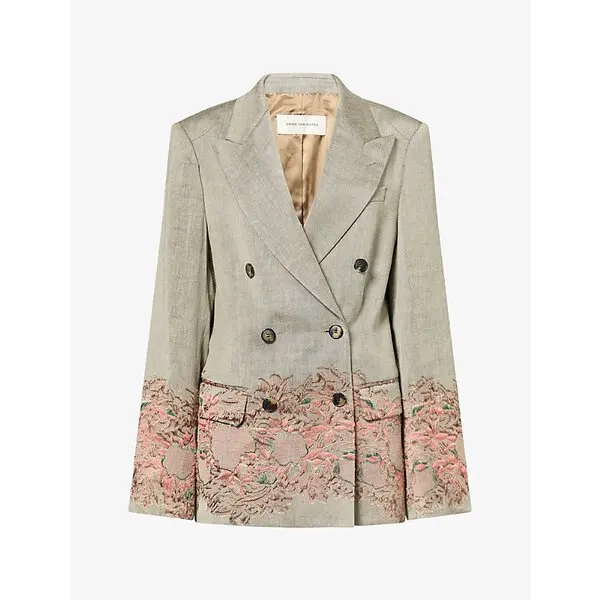 Dries Van Noten Embroidered Double-breasted Linen-blend Blazer - Grey