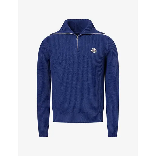 Moncler Logo-print Quarter-zip Ribbed Knit Jumper - Blue