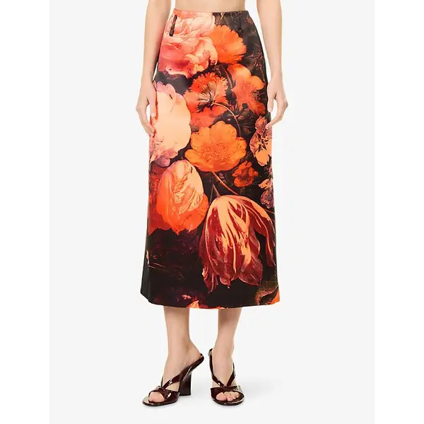 Dries Van Noten Floral Print Satin Midi Skirt
