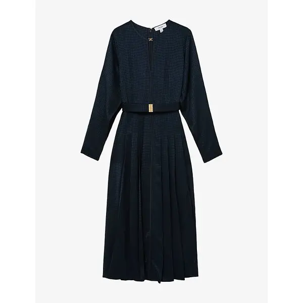 REISS Kea Houndstooth-check Long-sleeve Woven Shirt Dress - Navy