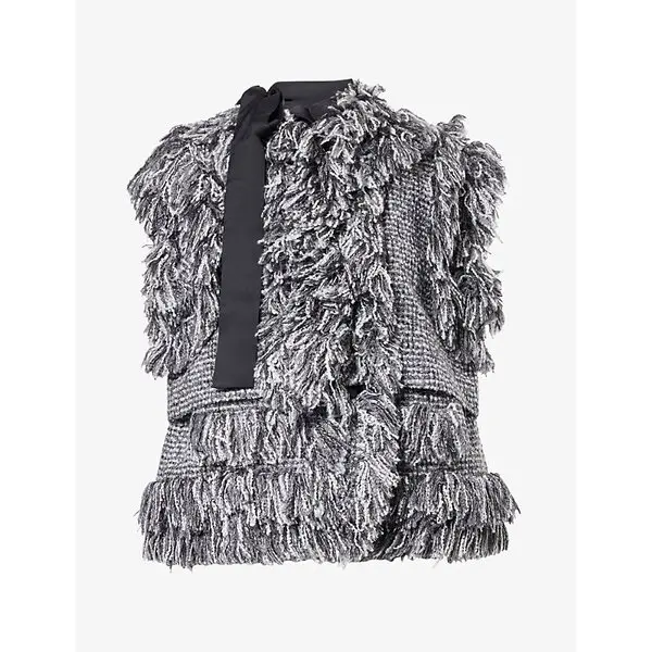 Sacai Tweed Wool-blend Vest With Fringe Trims