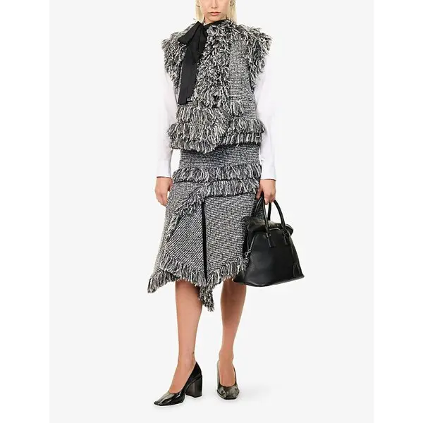 Sacai Tweed Wool-blend Vest With Fringe Trims