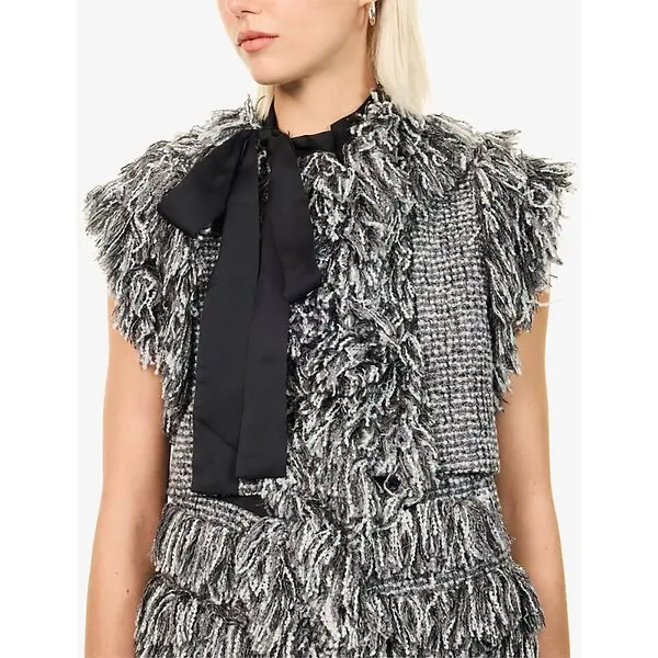Sacai Tweed Wool-blend Vest With Fringe Trims