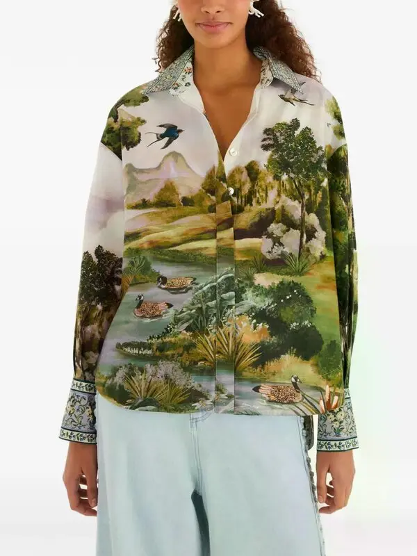 Farm Rio Multicolor Countryside Landscape Buttoned Shirt - Green