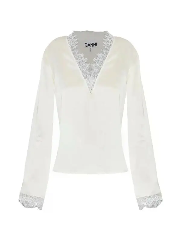 GANNI Lace Trim Satin Finish Top