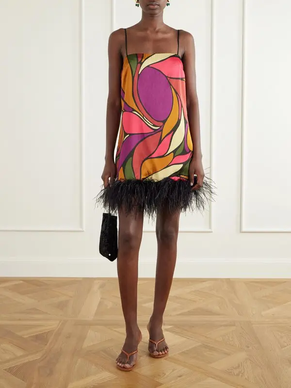 CALA DE LA CRUZ Feather-trimmed Printed Satin Mini Dress