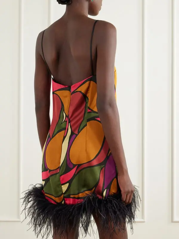 CALA DE LA CRUZ Feather-trimmed Printed Satin Mini Dress