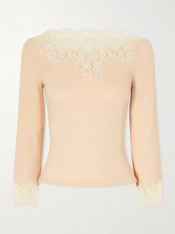 DÔEN Riana Lace-trimmed Ribbed T-shirt - Neutrals