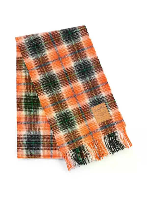 GANNI Scarf In Check Wool - Orange