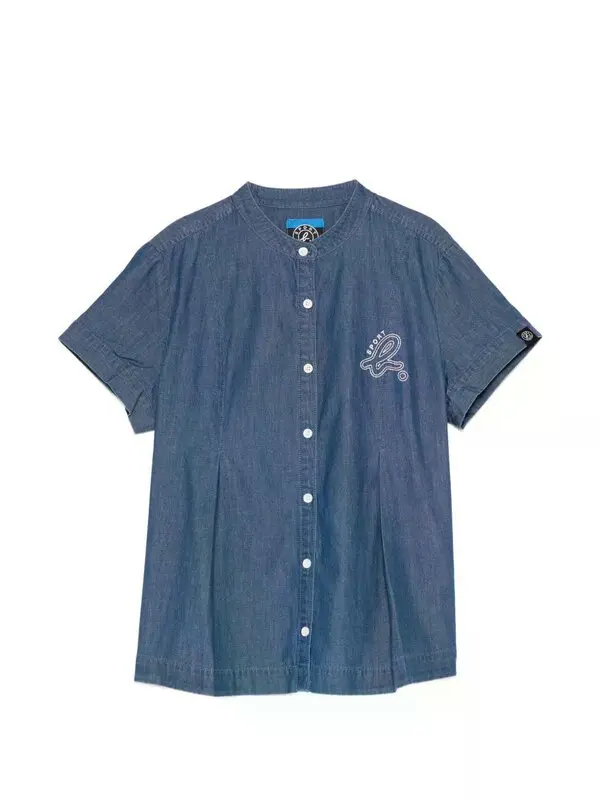 AGNES B. Logo-embroidered Band Collar Shirt - Blue