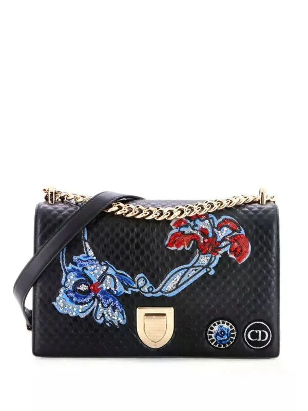 Dior Diorama Flap Bag Patch Embellished Leather Medium Shoulder Bag - Black