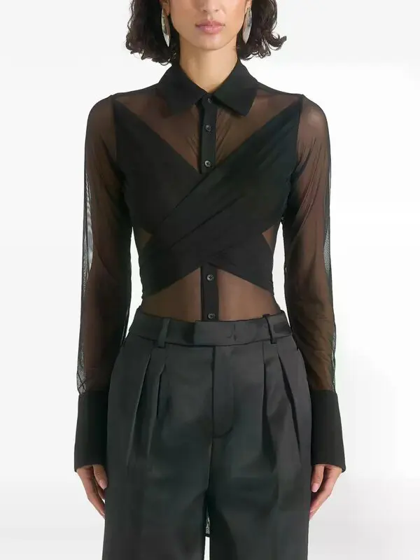 Manière De Voir Sheer Crossover Shirt Bodysuit With Rear Tie