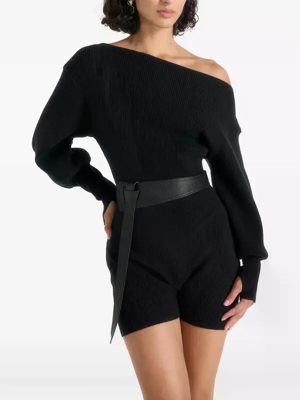 Manière De Voir Raya Off-shoulder Knitted Playsuit With Belt - Black