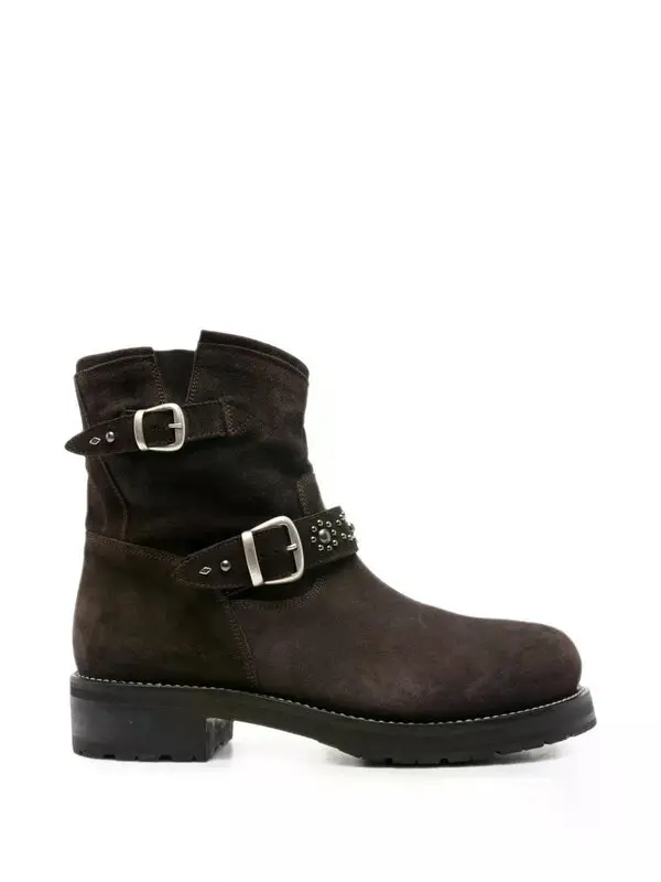 SECOND / LAYER Buckled Studded Leather Boots - Brown
