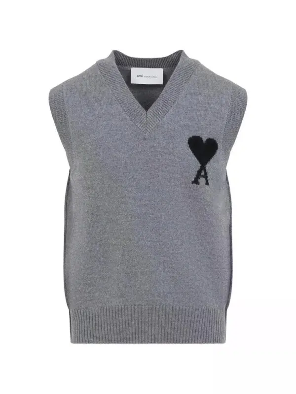 AMI Paris Black Sleeveless Wool Sweater With De Coeur - Grey