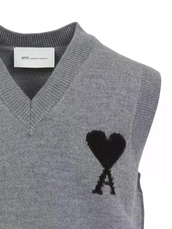 AMI Paris Black Sleeveless Wool Sweater With De Coeur