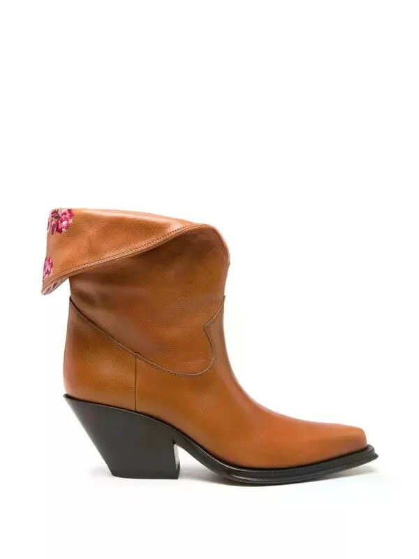 Chloé Floral-embroidered Leather Ankle Boots - Brown