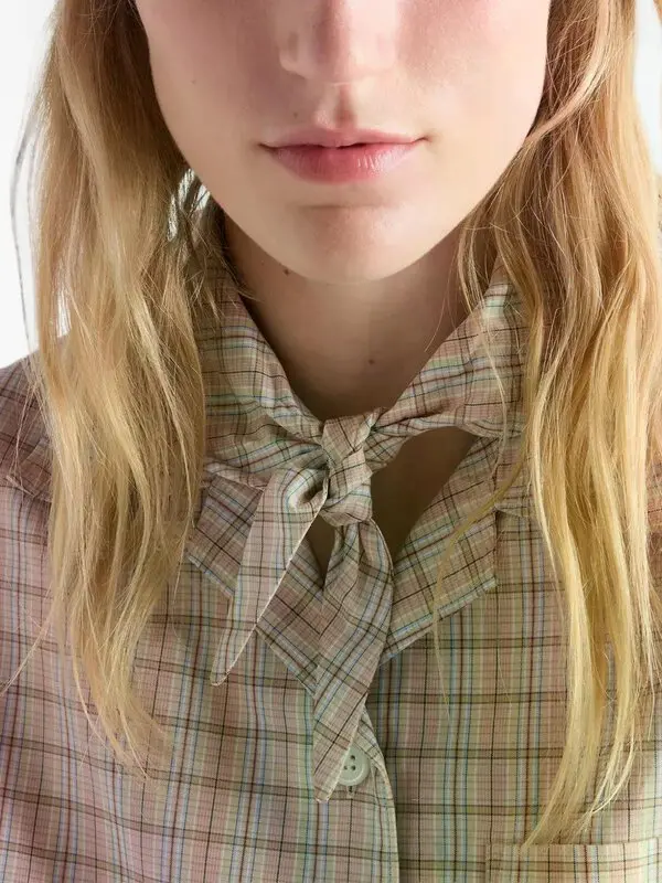 Prada Madras Check Fabric Bowling Shirt With Detachable Scarf - Neutrals