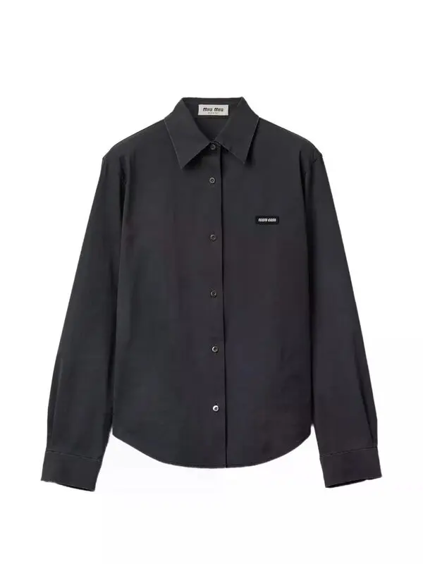 Miu Miu Stretch Poplin Shirt With Logo Patch - Black