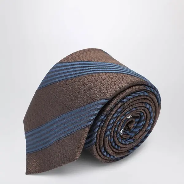 FERRAGAMO Silk Tie With Gancini Print And Diagonal Stripes - Brown