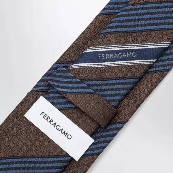 FERRAGAMO Silk Tie With Gancini Print And Diagonal Stripes