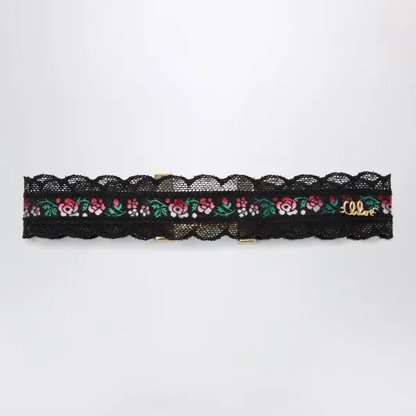 Chloé Choker Necklace In Lace And Floral Jacquard Ribbon - Black