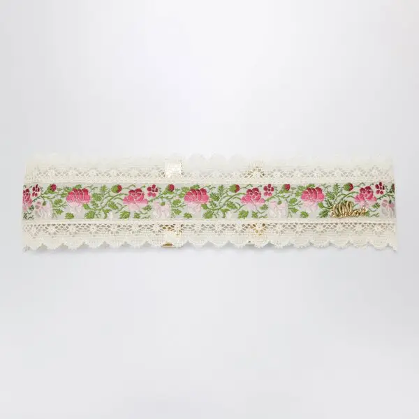 Chloé Choker Necklace In Lace And Floral Jacquard Ribbon - Pink