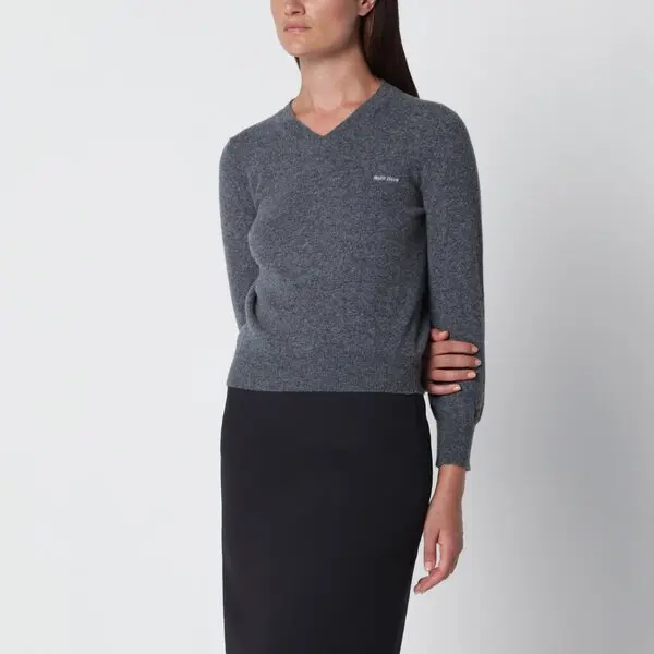 Miu Miu Slate V-neck Sweater In Wool - Grey