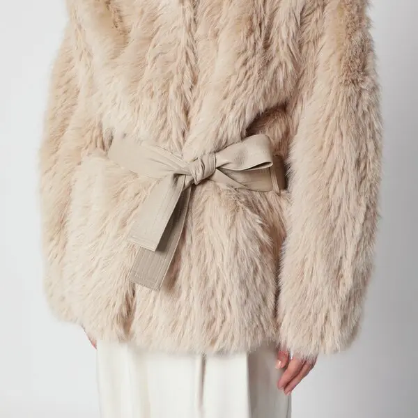 Source Unknown Faux Fur Jacket With High Collar And Belted Waist