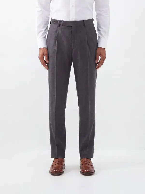 PT TORINO Slim Fit Pleated Trousers In Cotton And Virgin Wool - Grey