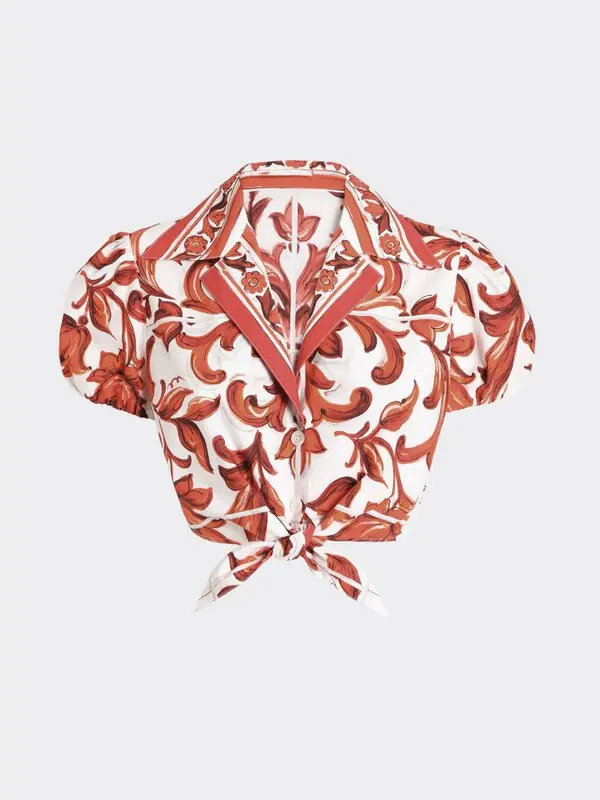 Dolce & Gabbana Majolica Print Cropped Cotton Shirt With Front Tie
