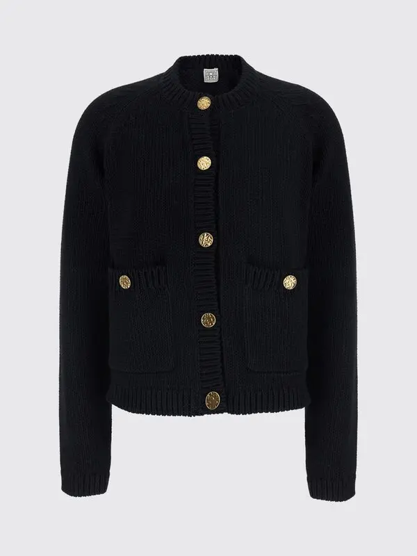 TOTEME Cotton Crewneck Sweater With Buttoned Patch Pockets - Black