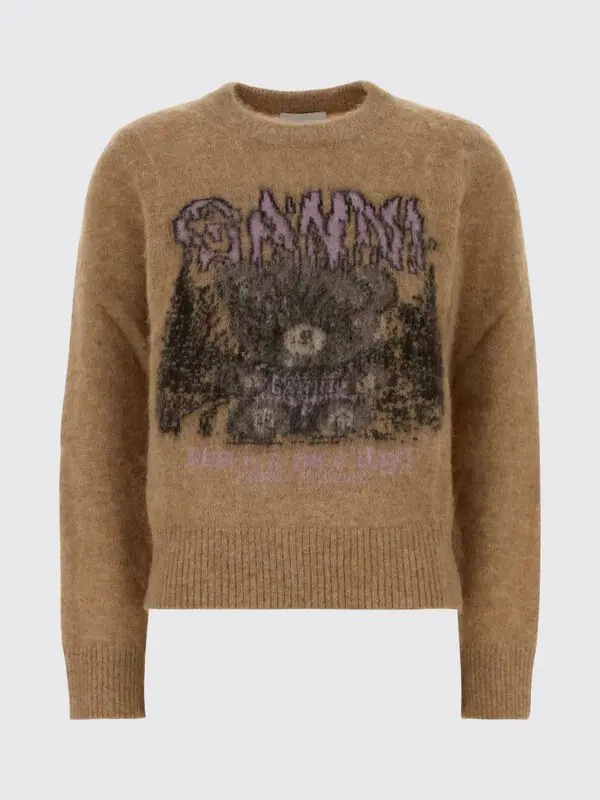 GANNI Alpaca And Wool Blend Jacquard Logo Cardigan - Camel