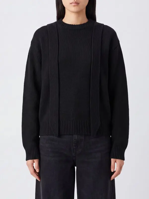 Sacai Wool Crewneck Sweater With Contrast Panel And Embroidery - Black