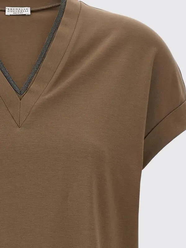 Brunello Cucinelli Cotton V-neck T-shirt With Monili Embellishment - Camel