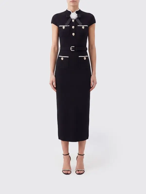 SELF-PORTRAIT Midi Dress With Button Detailing And Belt - Black