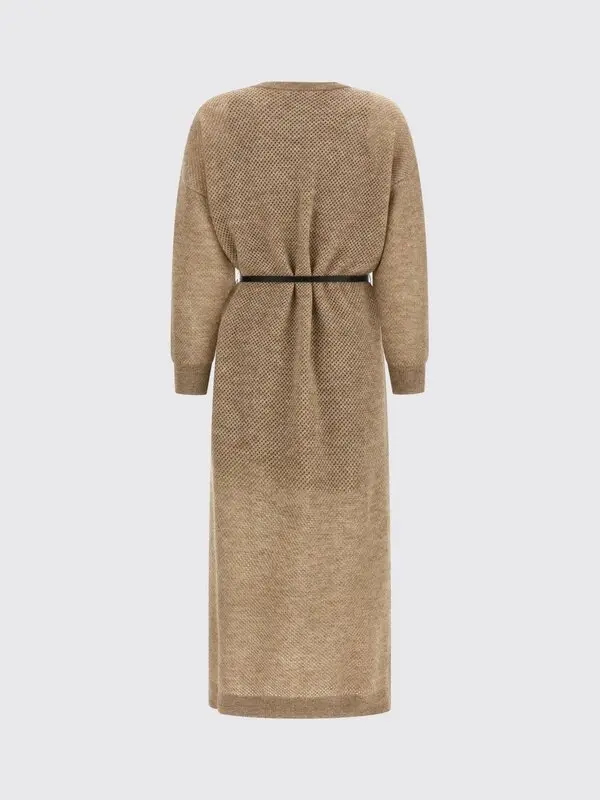 Brunello Cucinelli Mohair Blend Midi Knit Dress With Belt - Beige