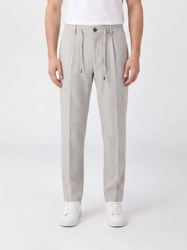 Eleventy Slim Fit Pleated Cotton Chino Pants With Drawstring Waist - Grey
